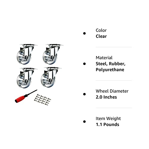 Upone 2 Inch Clear Heavy Duty Swivel Rubber Caster Wheels with 360 Degree Furniture Wheels Top Plate 400 Lbs Total Capacity (with Screws and Screwdrivers) - 100 lbs Each, Pack of 4