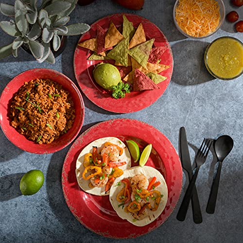 Gibson Home Mauna Melamine Plastic Dinnerware Set, Service for 4 (12pcs), Red Rustic
