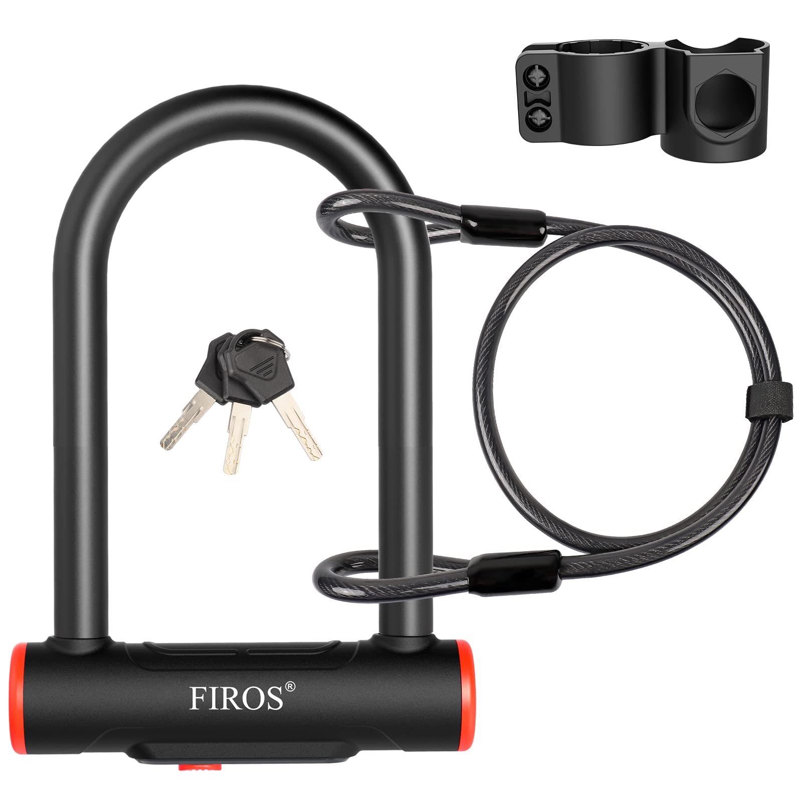 FIROS Anti-Theft Bike U Lock, Heavy Duty, 16mm, Black, 5ft Steel Cable, Mounting Bracket, 9.45x6.69in