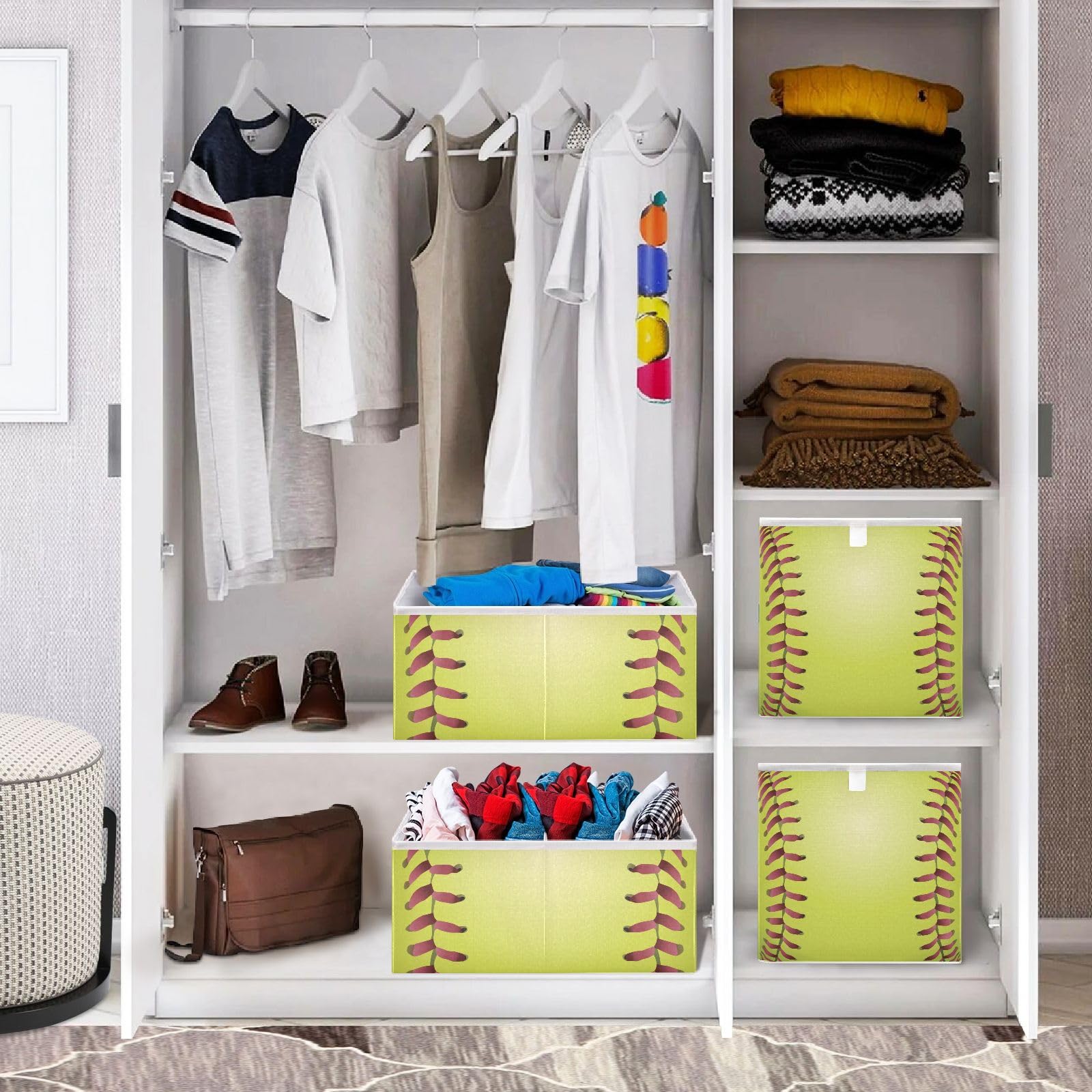 Emelivor Baseball Softball Laces Green Cube Storage Bin Fabric Storage Cubes Large Foldable Storage Baskets Cloth Box Containers for Home Closet Bedroom Drawers Home Decor,11 x 11inch
