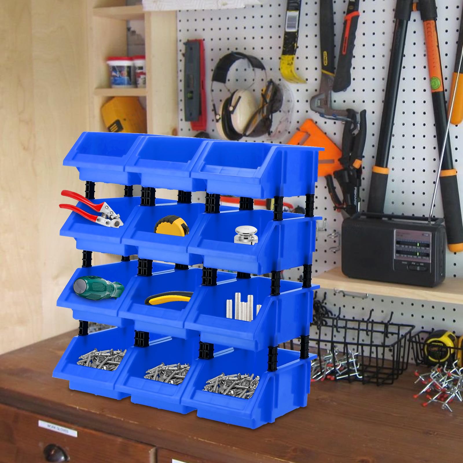 HOIGON 12 Pack Blue Garage Storage Tool Bin, 7.09 x 4.72 x 3.15 Inch Plastic Hanging Stacking Stackable Organizer Storage Rack for Hardware Tools Organization, Workshop, Small Parts