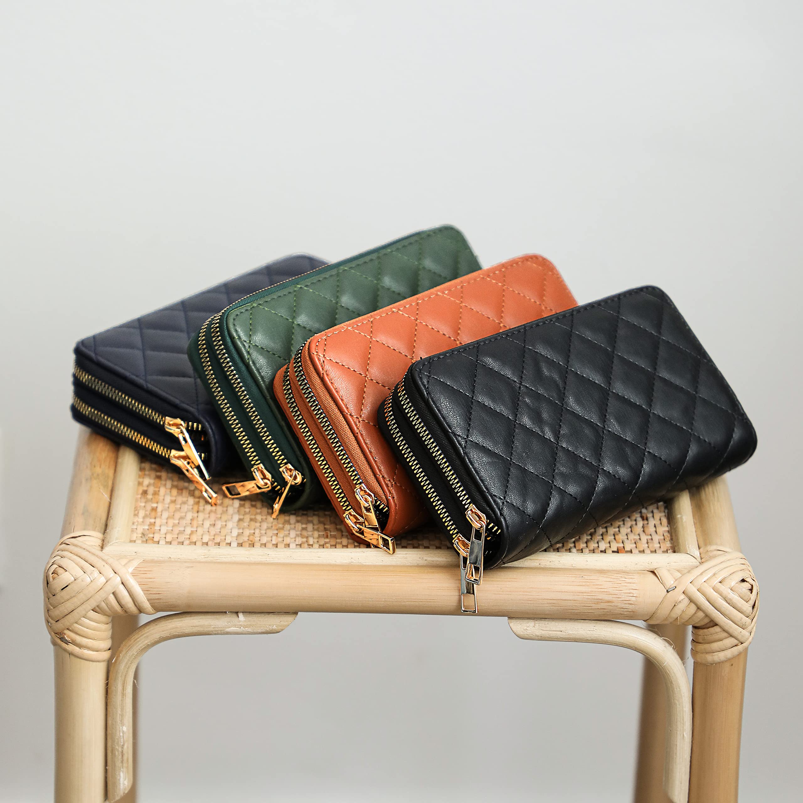 Couture Gems Olive Quilted Purse DOUBLE ZIPPER Wallet Quilted Womens Wallet Large Capacity Clutch Wallet For Women Cell Phone Holder Clutch Organizer