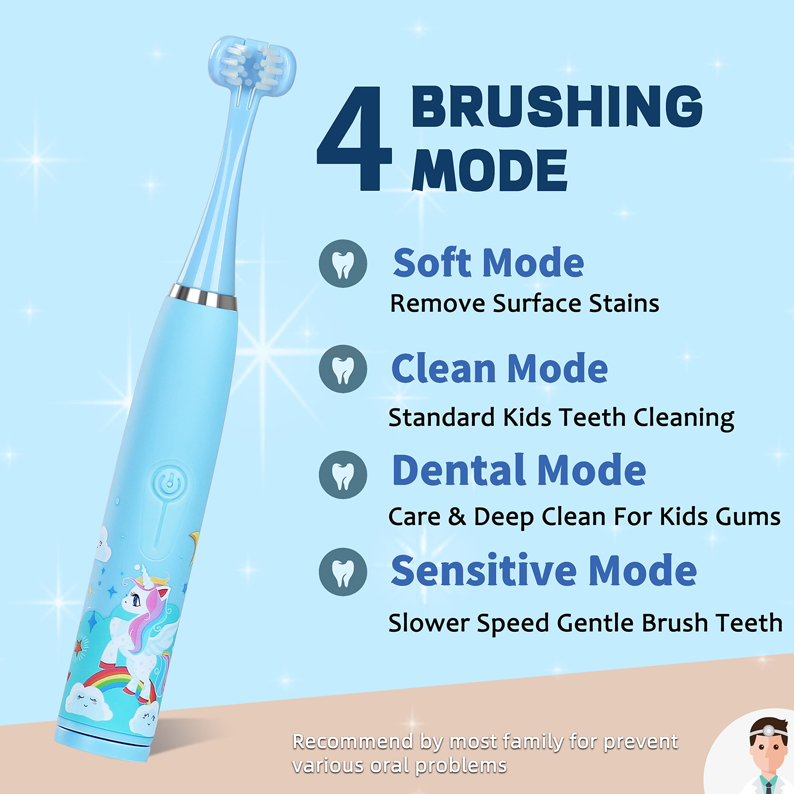 Sunartec Kids Electric Toothbrush, Six-Sided Inside and Outside Cleaning Rechargeable Sonic Toothbrushes with Timer &2 Brush Heads & Four Cleaning Modes, Training Brushing Teeth for Kids Gifts(Blue)