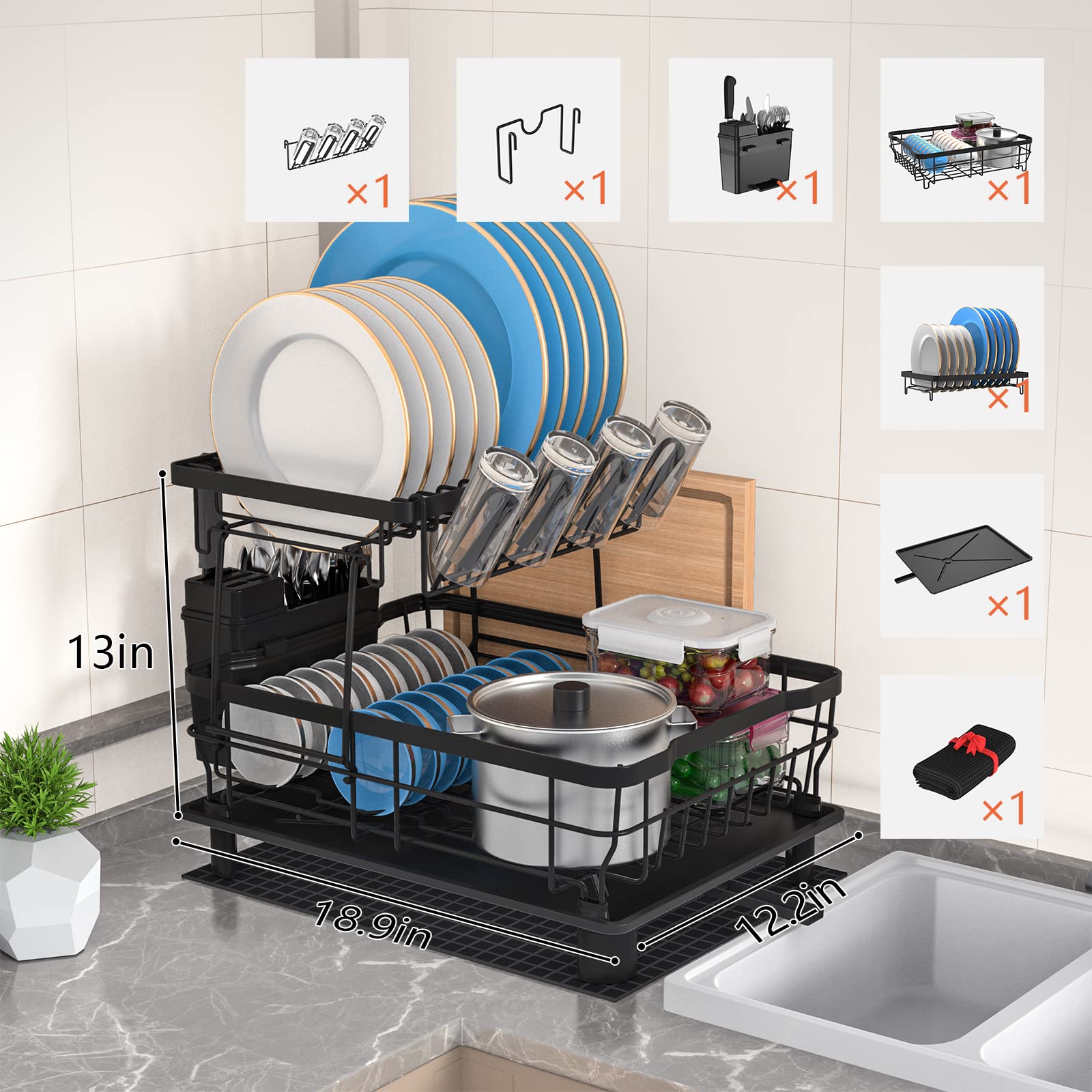 Dish Drying Rack with Drainboard, 2-Tier Dish Racks for Kitchen Counter,Detachable Large Capacity Dish Drainer Organizer Shelf Set with Utensils Holder,Dish Strainers with Extra Drying Mat (Black)