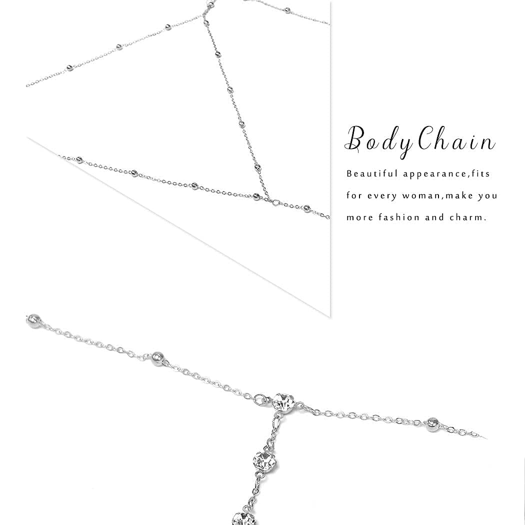 Dreamyn Boho Rhinestones Body Chain Silver Crystal Bikini Chains Summer Beach Bra Body Jewelry for Women (Silver)