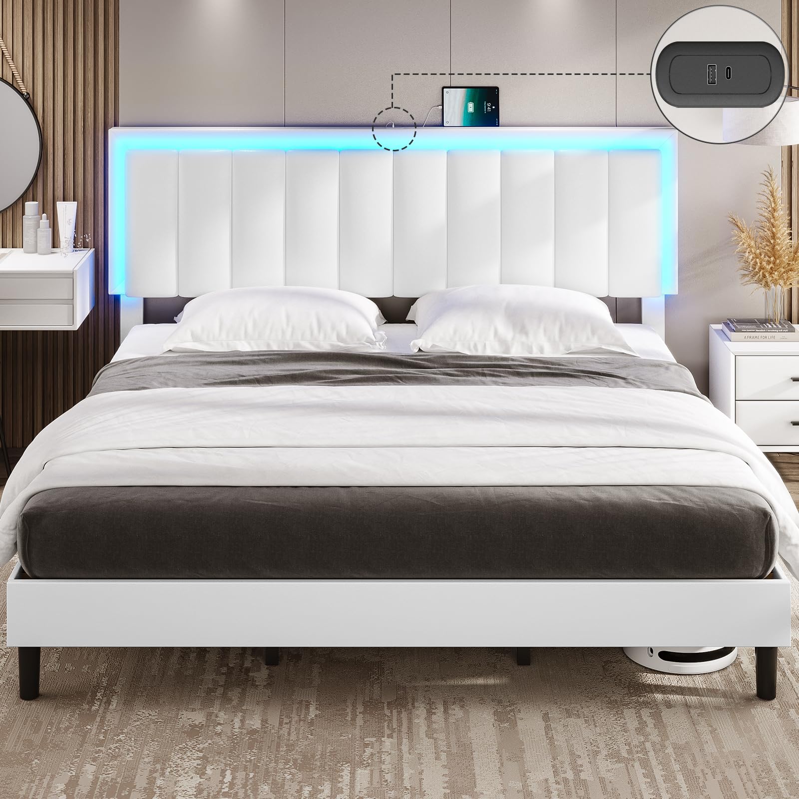 DICTAC Bed Frame King Size with Led Lights and USB Ports Modern King Size Upholstered Platform Bed Frame with Adjustable Headboard Faux Leather Led King Bed Frame,No Noise,No Box Spring Needed, Black