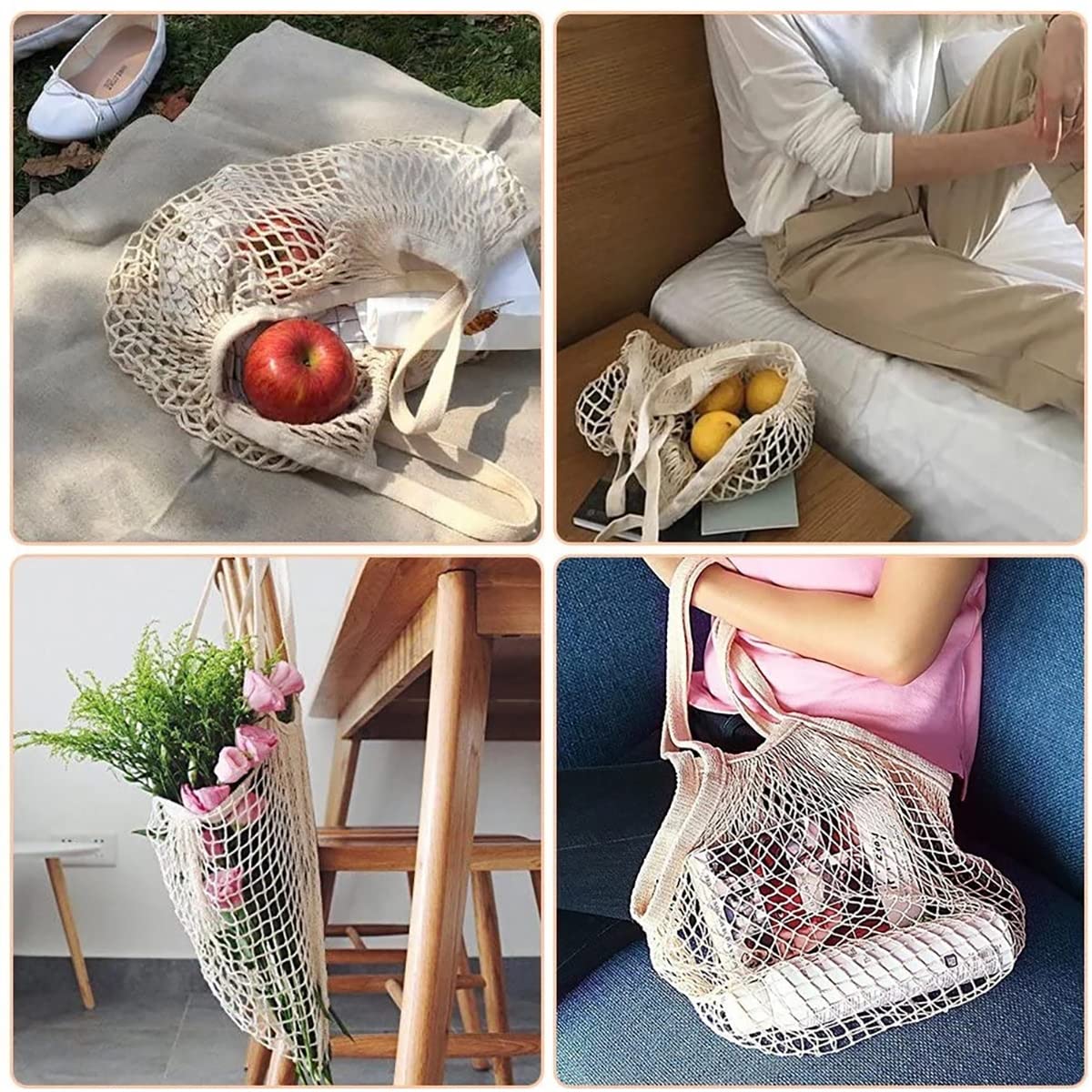 ECYC 1 Pcs Cotton Mesh Grocery Bag, Reusable Long Handle Mesh Bags Cotton String Bags Mesh Shopping Bag Net Tote Bag for Fruit Vegetable,L,Orange