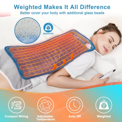 Weighted Heating Pad - 2.2lb Large Electric Heated Pad,with 6 Temperature Levels,with 4 Kinds of time Automatic Shutdown,Fast-Heating Technology for Waist/Abdomen/Neck Pain and Cramps Relief,12''×24''