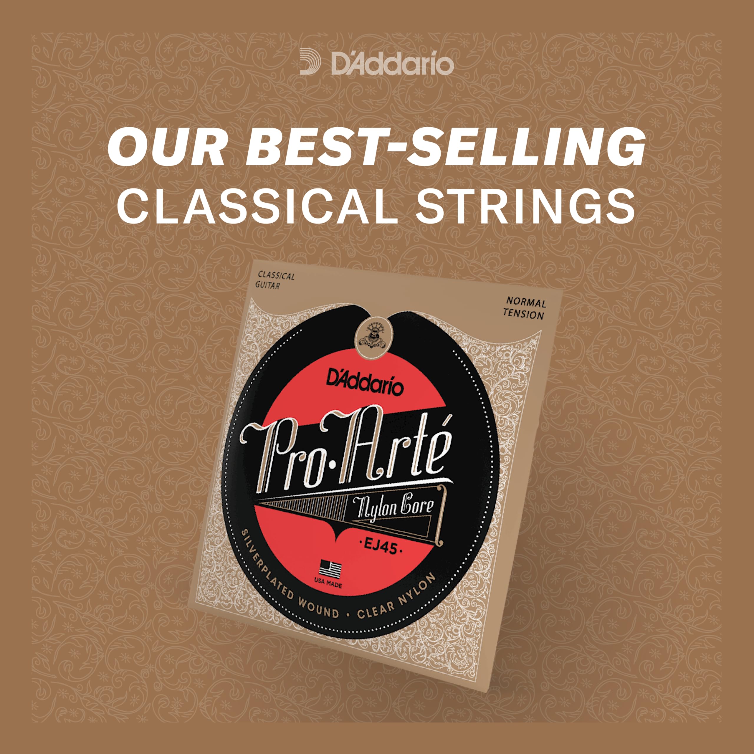 D'Addario EJ45 Pro-Arte Nylon Classical Guitar Strings, Normal Tension – Nylon Core Basses, Laser Selected Trebles - Offers Balance of Volume and Comfortable Resistance – 1 Set