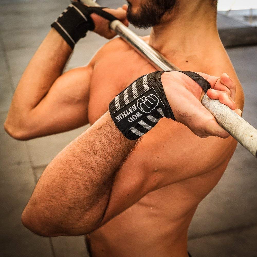 WOD Nation Wrist Wraps for Weightlifting, 12β Professional Gym Wrist Straps w/Thumb Loop Men & Women, Wrist Support Wraps for Strength Training, Powerlifting & Bodybuilding (Black/Grey)
