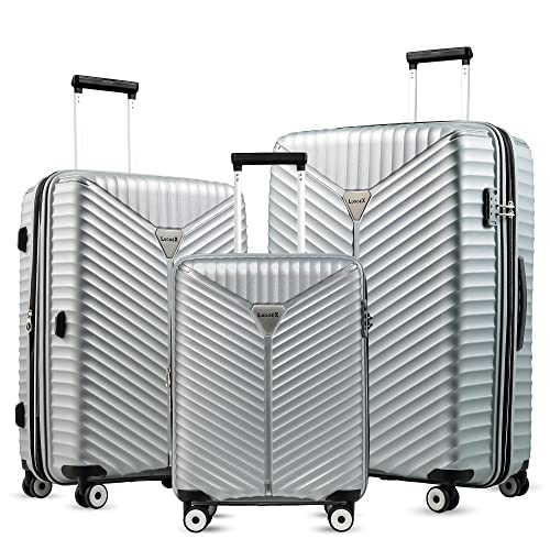 LUGGEX Silver Luggage Sets 3 Piece with Spinner Wheels - Expandable Carry on Suitcase Set of 3 - Travel Lightweight Luggage Sets 3 Piece without USB Port