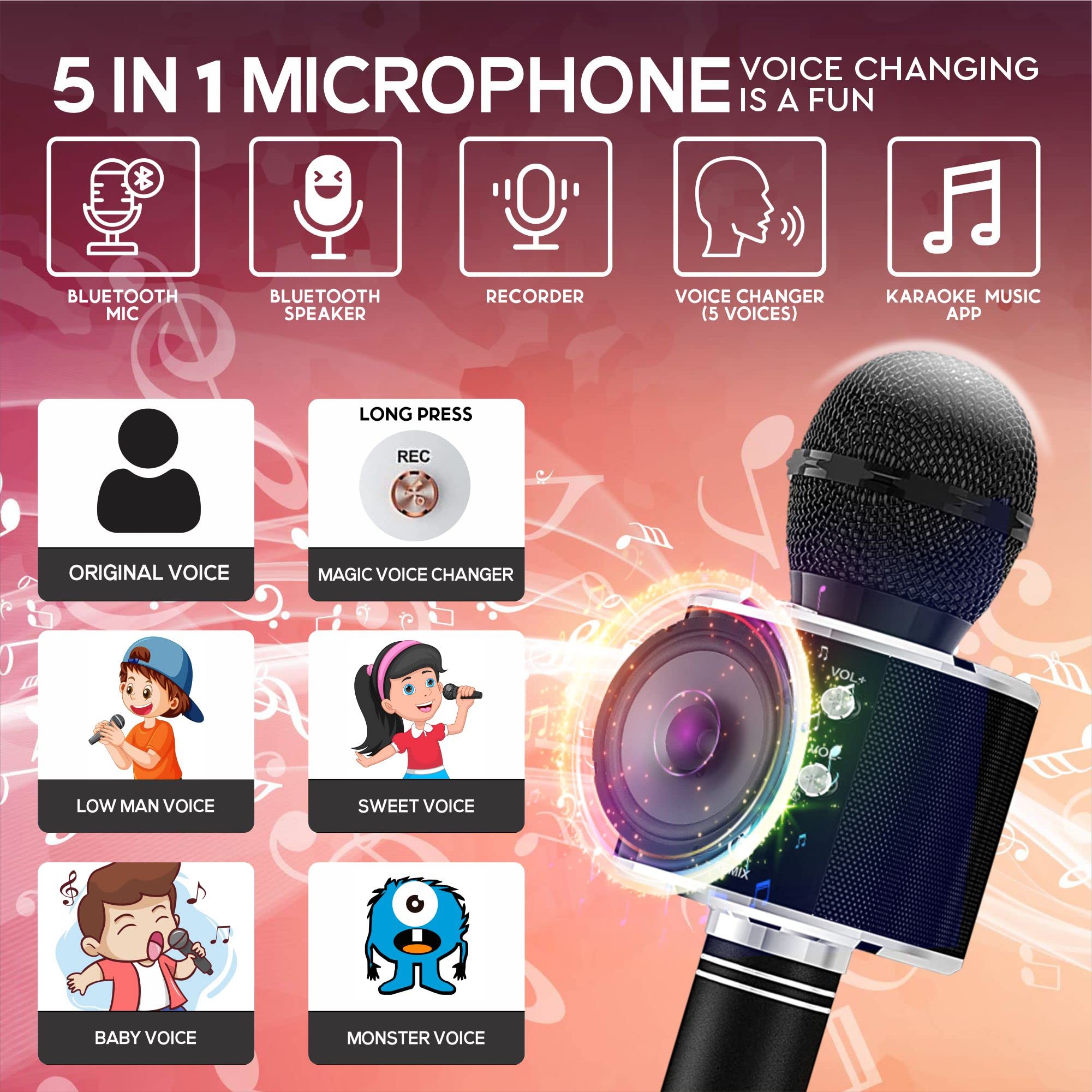 FDY Bluetooth Karaoke Microphone for Kids Adults, Wireless Bluetooth Microphone for Singing with Voice Changing Karaoke Mic Speaker Recorder for 3-13 Years Girls Boys Christmas Birthday Gift-Black