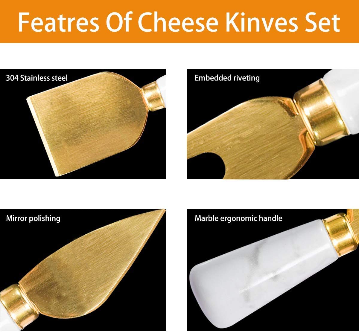 Funland 4PCs Cheese Spreader Knife Set with Marble Handle, Cute Cheese Knives Cutter Slicer Marble Cheese Board, Cheese Spatula Cheese Board Accessories, Gift Parties, Holiday, Weddings - Gold