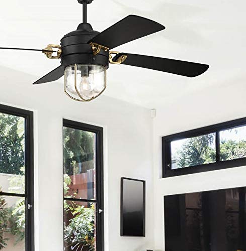 Craftmade NOL52FBSB4 Nola Dual Mount 52" Ceiling Fan with LED Light and Remote, 4 Blades, Flat Black & Satin Brass