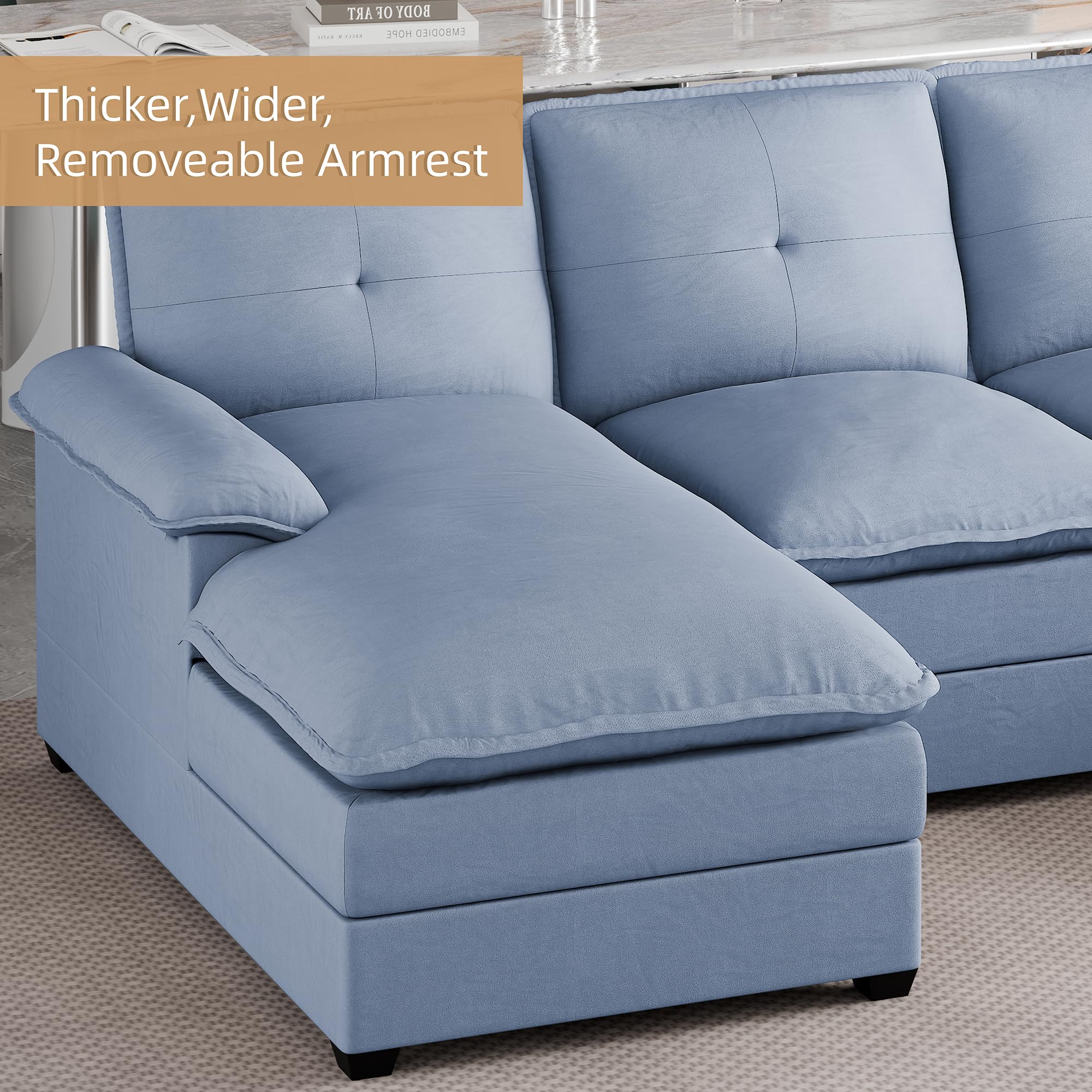 JAMFLY Sectional Couches for Living Room, U-Shaped Couch 4 Seat Sofa Set with Double Chaises, Modern Fabric Modular Sectional Sofa Set for Apartment, Blue