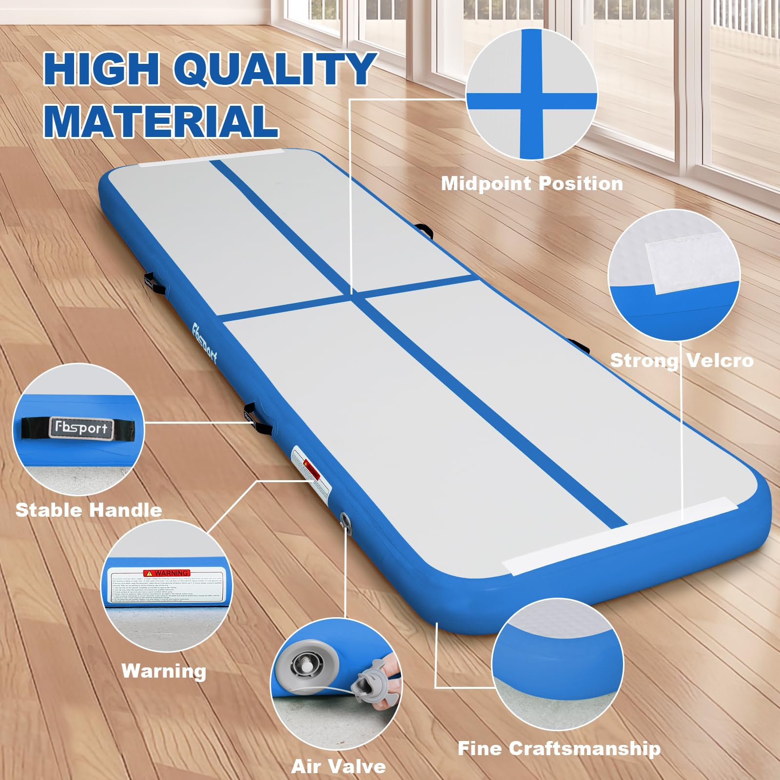 FBSPORT 20ft Inflatable Air Gymnastics Mat Training Mats 4 inches Thickness Gymnastics Tracks for Home Use/Training/Cheerleading/Yoga/Water with Pump