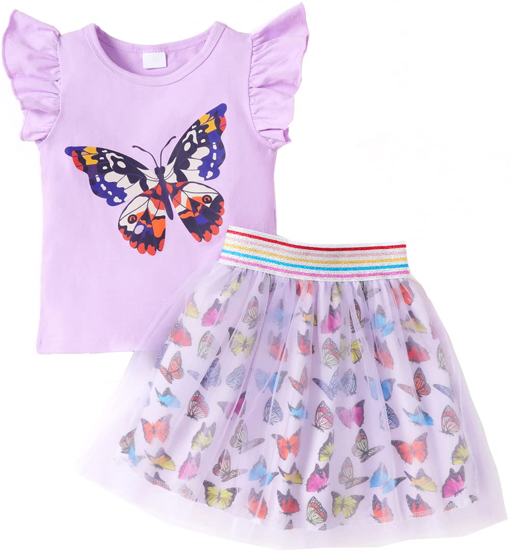 RETSUGO Baby Girls Skirt Top Set Flutter Sleeve Butterfly Shirt Kids Tulle Tutu Dress Toddler 2PC Birthday Party Outfits Purple 7-8 Years