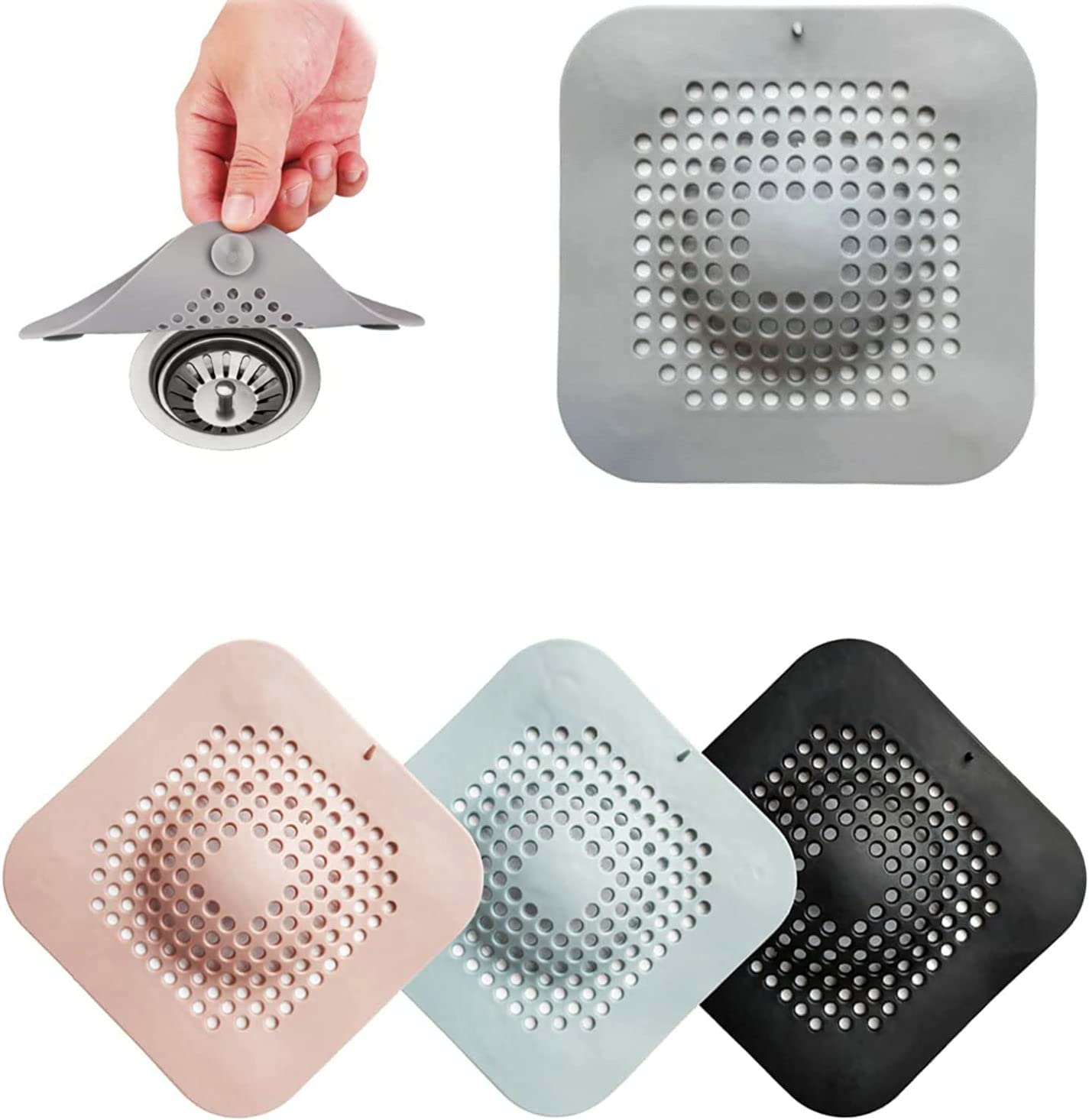 Hair Drain Catcher 4PCS, Raised Square Drain Cover with Suction Cup, Silicone Hair Catcher Hair Stopper Drain Cover for Bathroom Bathtub Kitchen