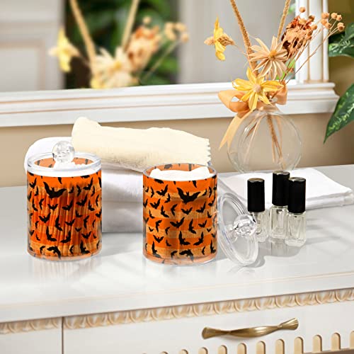 Vnurnrn Clear Plastic Jar Set for Cotton Ball, Cotton Swab, Cotton Round Pads, Floss, Halloween with Flying Bats Bathroom Canisters Storage Organizer, Vanity Makeup Organizer,2Pack