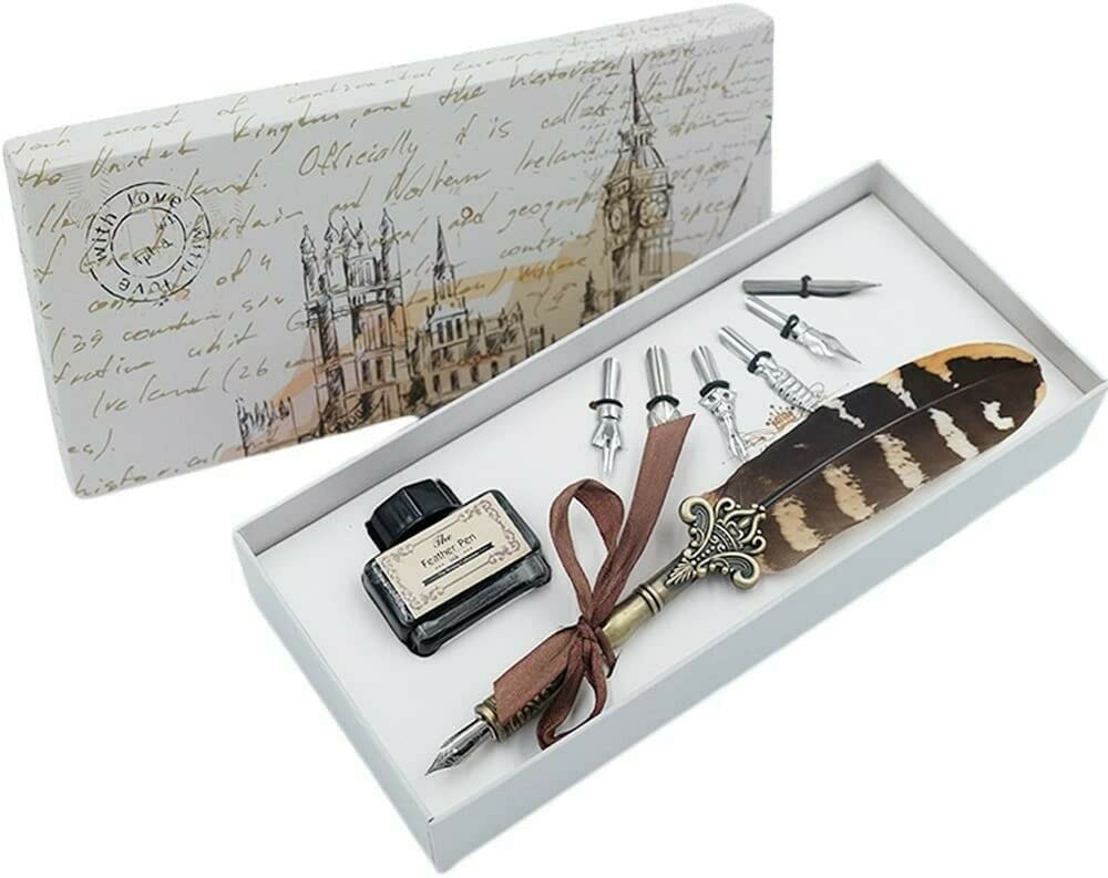 Feather Quill Pen Set Dip pen with ink and 6pcs Stainless Steel Nibs Calligraphy Pen for beginners in Gift Box