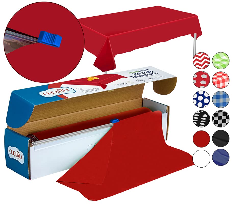 Disposable Table Cover: Durable Plastic Indoor/Outdoor Tablecloth 100' X 52" with Easy to Use Safe Cutter for Patio, Parties, Barbecue & Kitchen Table (Ruby Red)