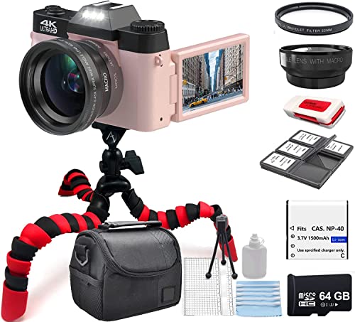 eDealz 4K 48MP Digital Camera Kit Photography Vlogging Camera for YouTube with Flip Screen, WiFi, Wide Angle & Macro Lens, 64GB Micro SD Card, 12" Flexible Tripod, Carrying Case, Card Reader (Pink)