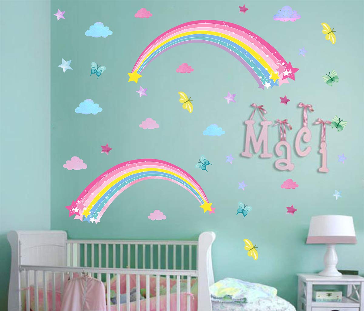 Easu Rainbow Wall Decal Clouds Wall Decal Butterfly Peel and Stick Wall Decal Kids Room Wall Sticker Nursery Home Decor