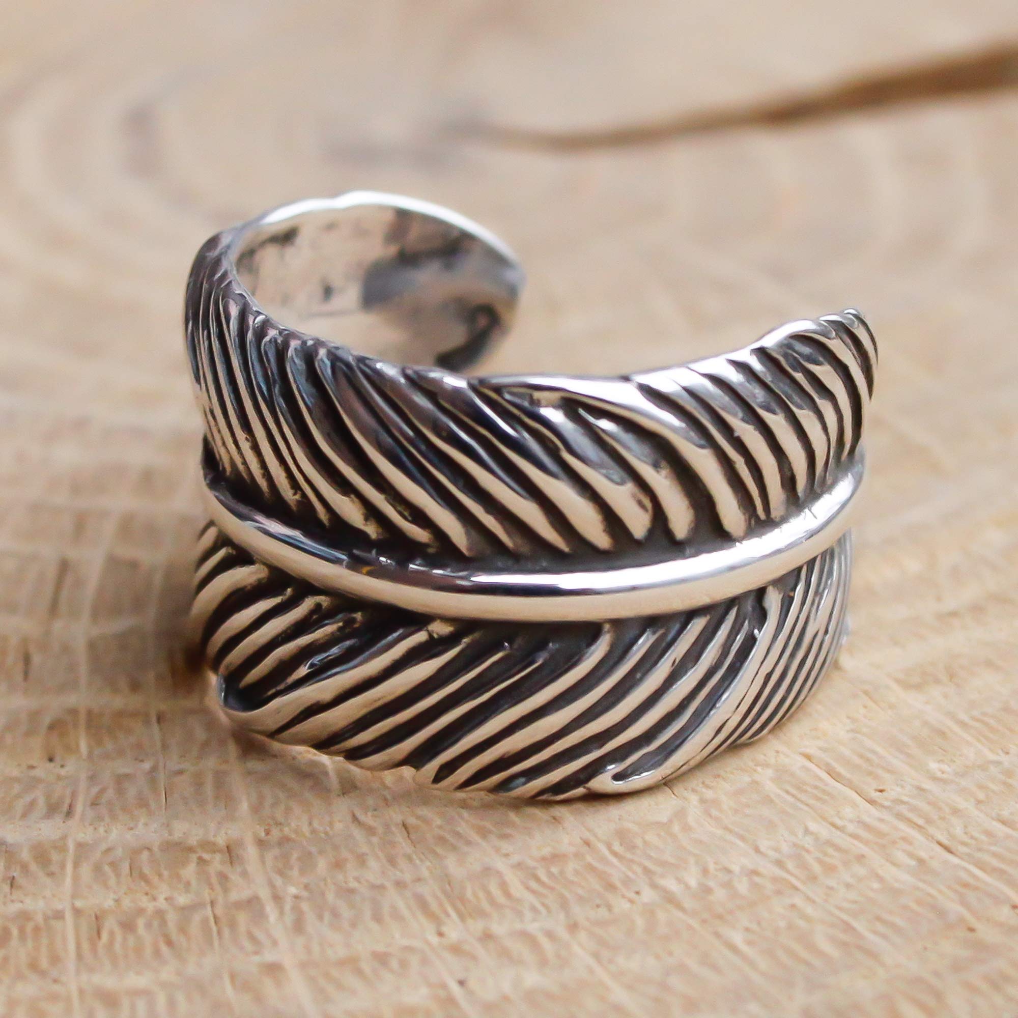 Feather Wrap Band Ring Solid Sterling Silver 925 Wide Unisex Adjustable Resizable Leaf Rings Boho Hippie Yoga Style Fashion Jewelry for Women Men (9.5)