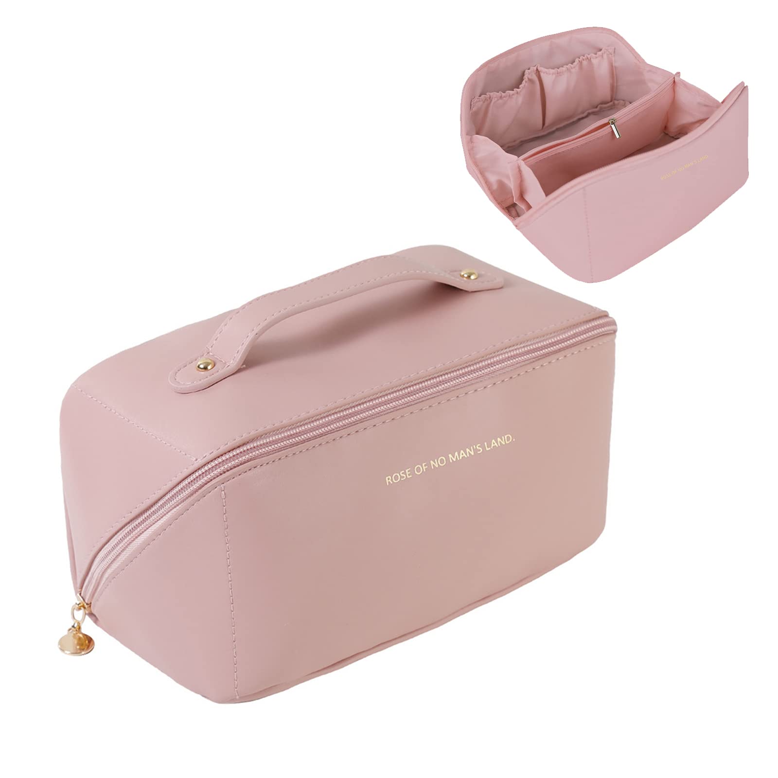 Enthu-U Large Capacity Travel Cosmetic Bag- Makeup Bag,Women Waterproof PU Leather Makeup Organizer Bag with Handle and Divider,Makeup Bag Large Opening-Pink