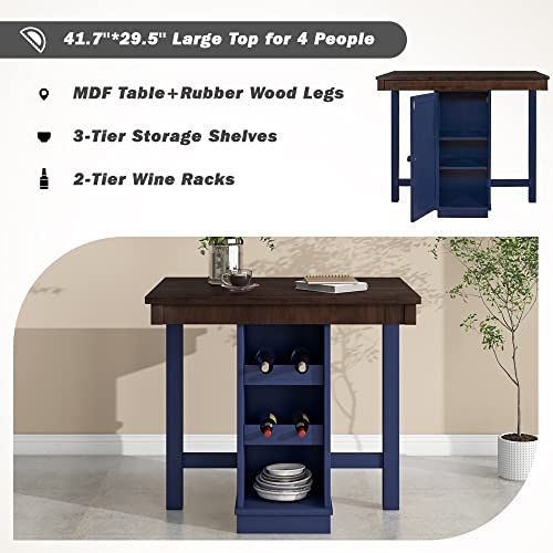 Merax 5 Pieces Dining Table Set, Farmhouse Wood Counter Height Dining Set, Kitchen Table with 3-Tier Adjustable Storage Shelves, Wine Racks and 4 Stools (Brown and Blue)