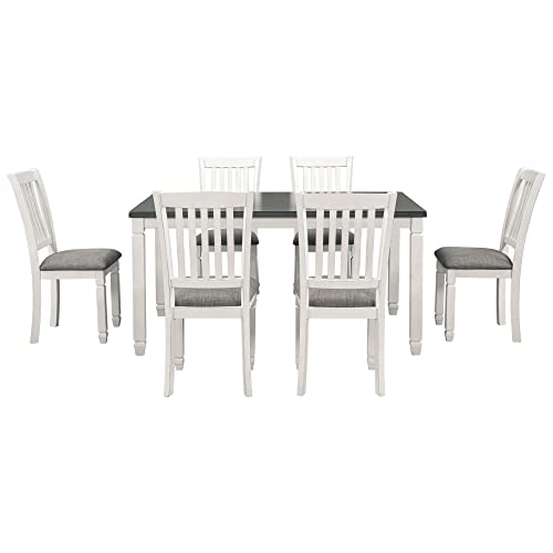 LUMISOL Farmhouse 7 Pice Dining Table Set with 6 Upholstered Chairs Solid Wood Kitchen Dining Set for Dining Room/Living Room Furniture