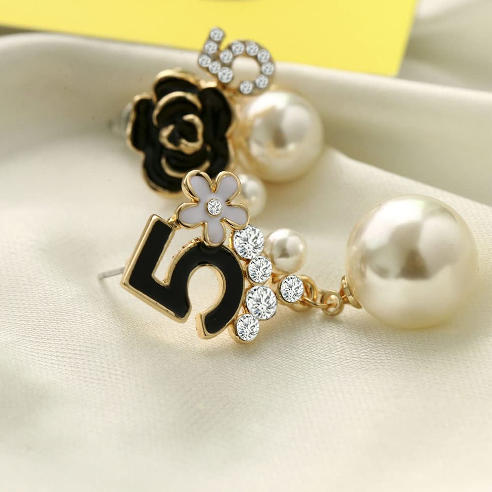 Designer Imitation Pearl Number Five Floral Charm Dangle Drop Earrings Studs