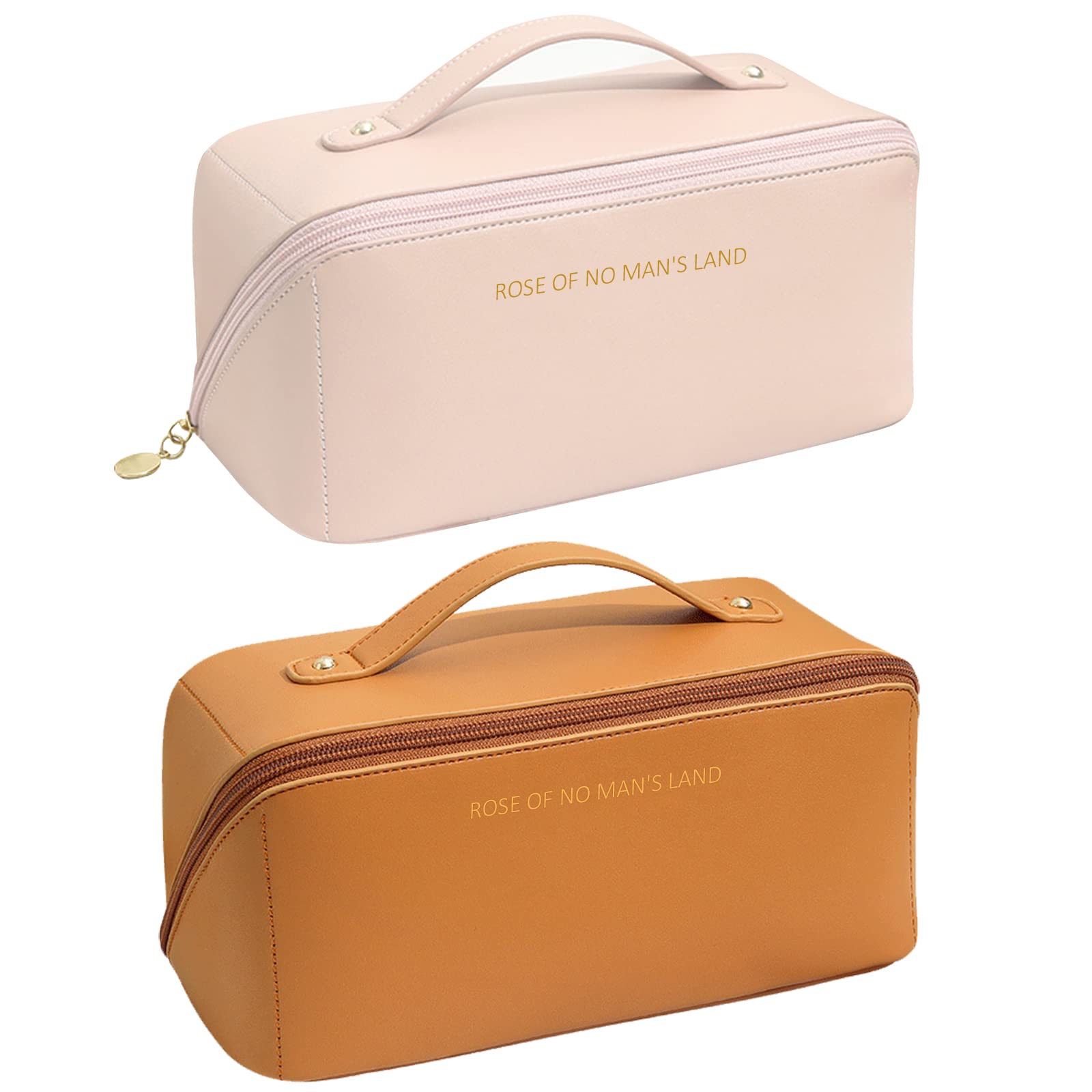 ikaufen 2 Pack Large Capacity Travel Cosmetic Bag, Makeup Bag, Multifunctional Storage Waterproof Portable PU Leather Makeup Organizer Bag with Dividers and Handle (Pink, Brown)