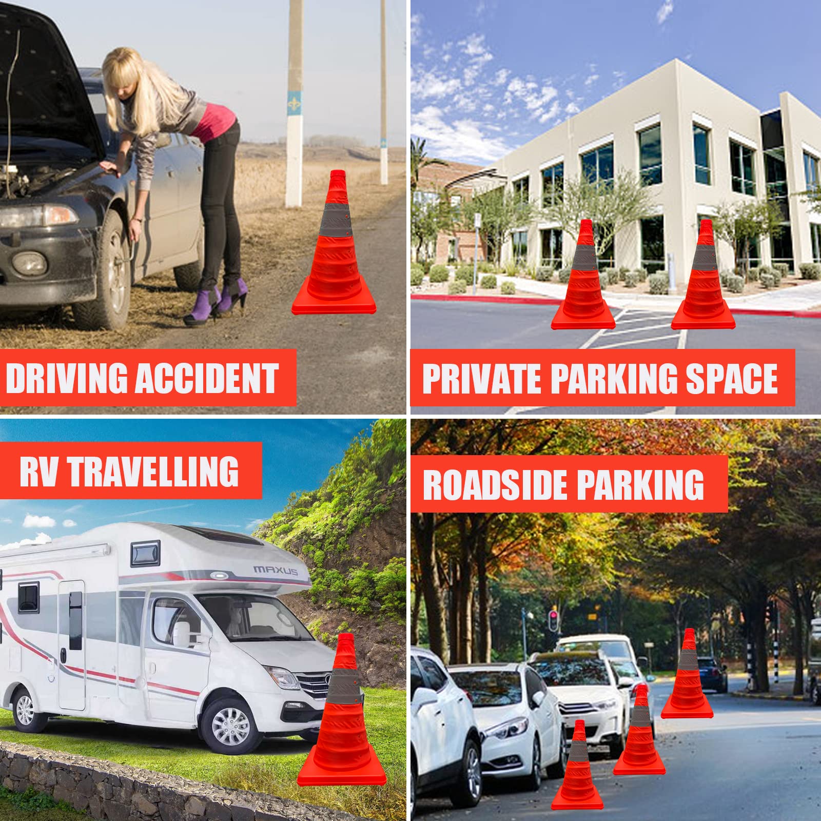 Ikaufen 4 Pack 15.5 inch Collapsible Traffic Cones, Multi Purpose Pop up Safety Road Reflective Parking Cone, Construction Cones, for Training, Parking Lot and Driving Practice