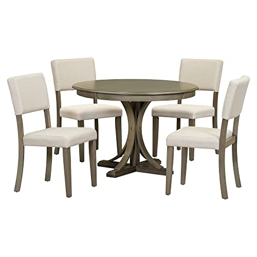 Merax 5-Piece Retro Round Dining Table Set with Curved Trestle Style Legs and 4 Upholstered Chairs, Kitchen Furniture, Taupe