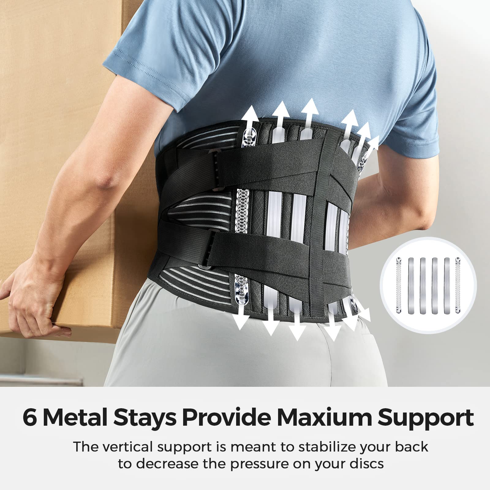 FREETOO Back Braces for Lower Back Pain Relief with 6 Stays, Breathable Back Support Belt for Men/Women for work, Anti-skid lumbar support belt with 16-hole Mesh for sciatica(S)