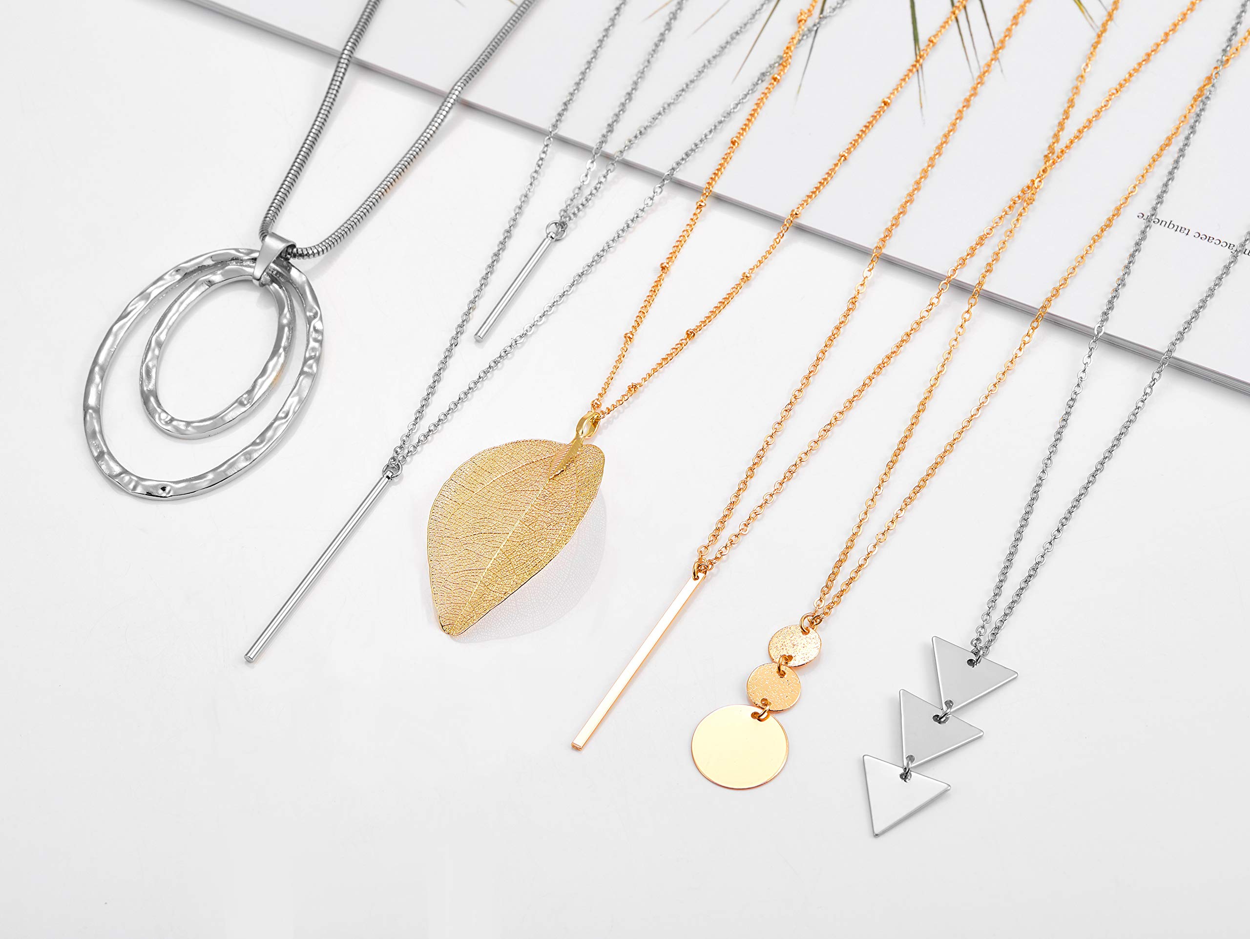 Fecsiory 12 Pcs Long Pendant Necklace for Women, Gold Bar Feather Triangle Leaf Lock Tassel Y Necklace Jewelry Set