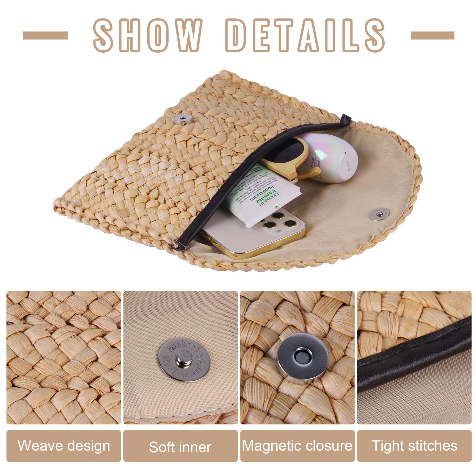 Freie Liebe Straw Clutch Bag for Women Summer Clutch Purses Beach Envelope Woven Handbags with 5PCS Earrings