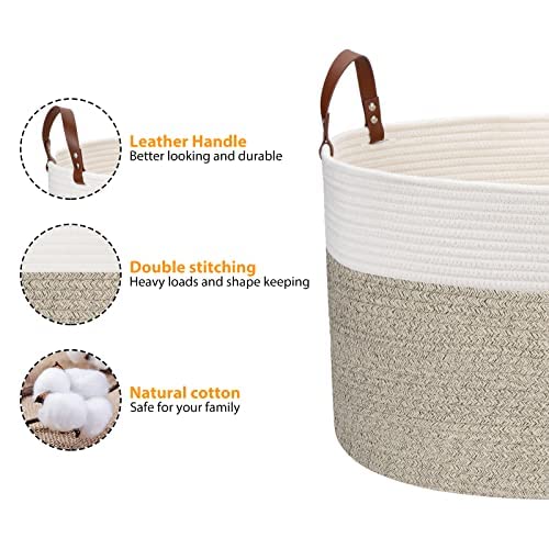 Hombins Large Storage Baskets Cotton Rope Baskets for Storage, 20"X20''X13'' Woven Toy Box Large Blanket Basket for Living Room Storage Laundry Basket with Leather Handle