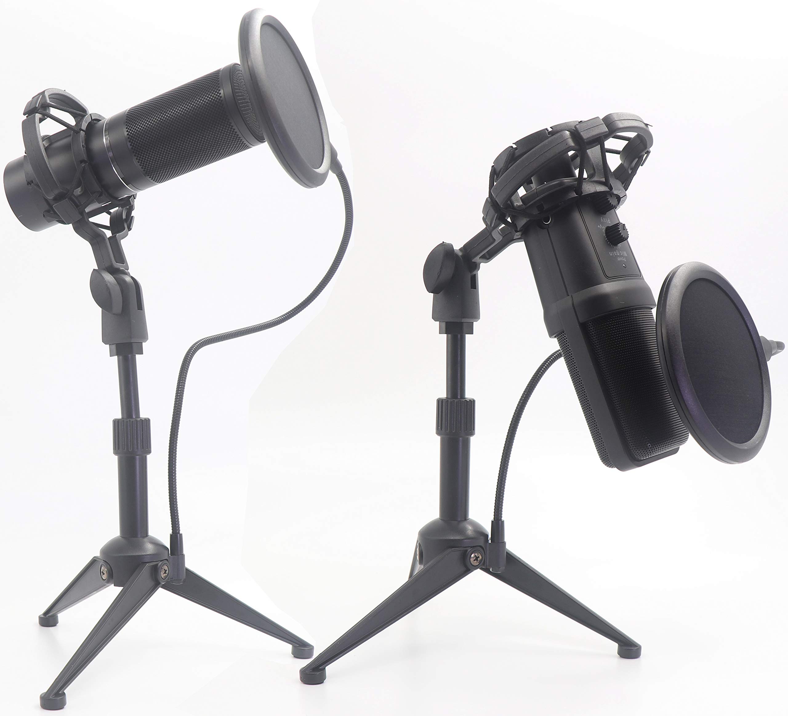 Desktop Microphone Tripod Suspension Stand with Shock Mount Anti-Vibration Mic Holder and 4" Round Mask Shield Double-Net Wind Screen Pop Filter (Large, Black)