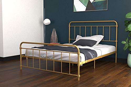 DHP Winston Metal Platform Bed with Rustic Design and Curved Edge Headboard and Footboard, Adjustable Base Height for Underbed Storage, No Box Spring Needed, Queen, Gold