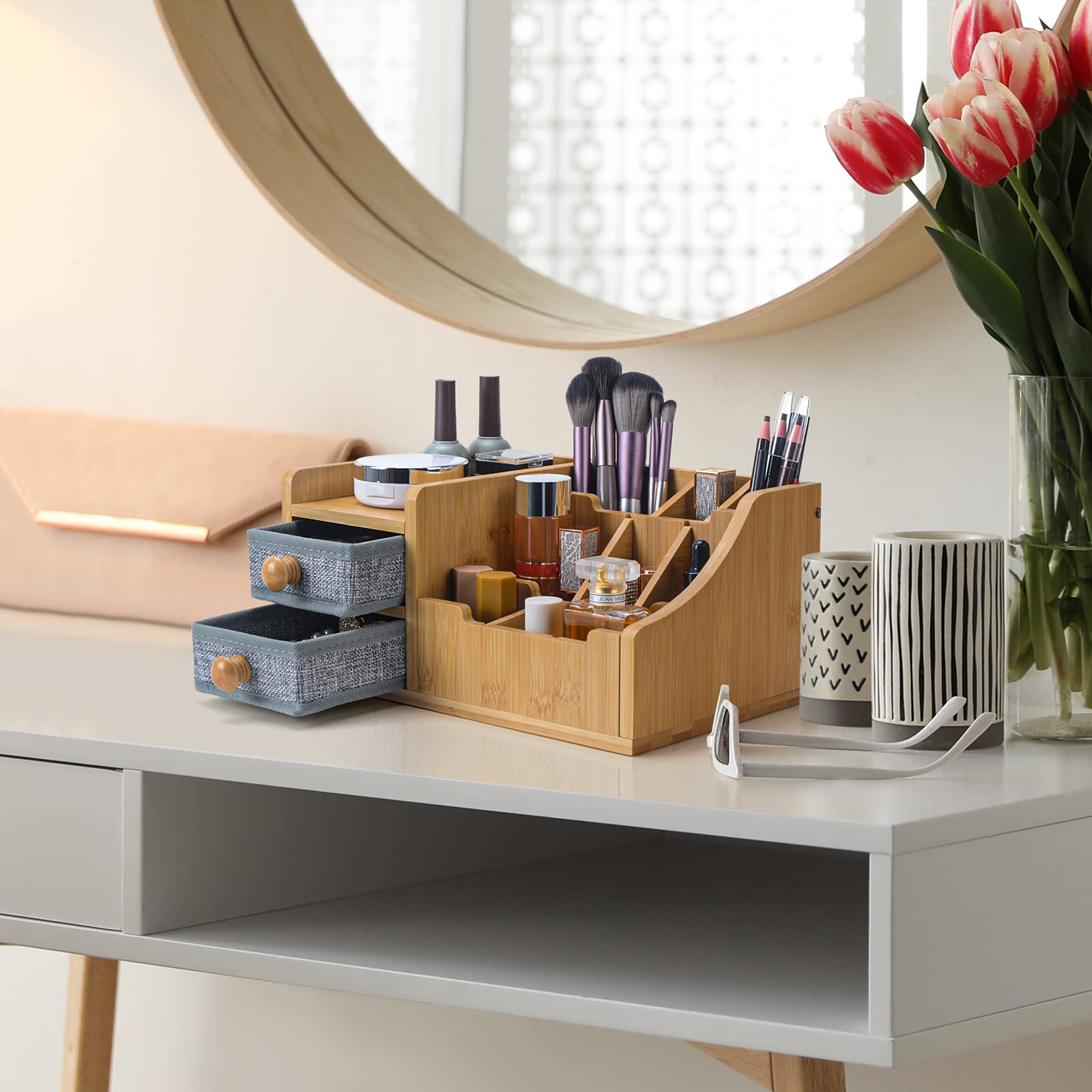 ikkle Bamboo Desk Makeup Organizer Cosmetic Organizer Storage Box with Drawer for Bathroom/Dresser, 9 Detachable Slots for Brushes, Lipstick, Great Organizer for Home or Office (Need to assemble)