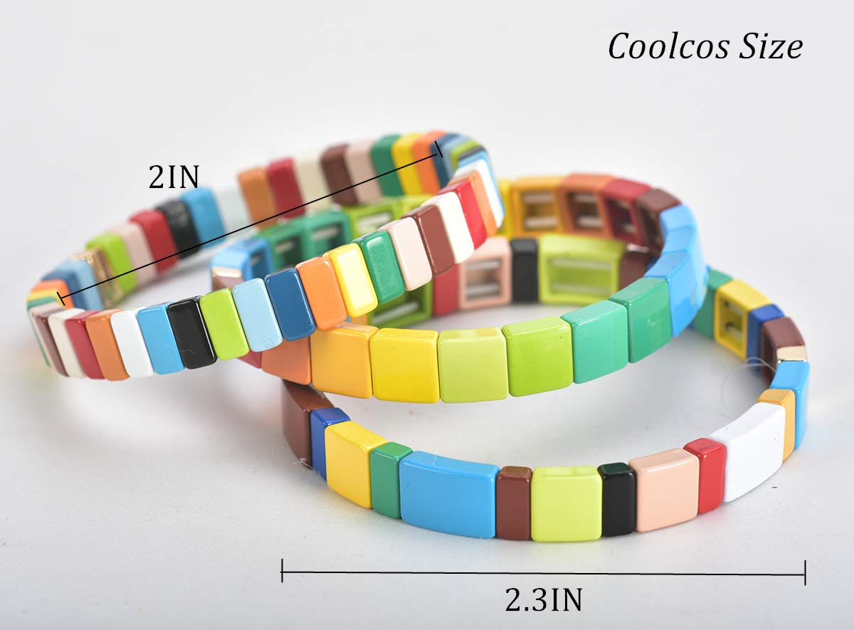 Coolcos Tile Bracelets Stackable Enamel Stretch Tile Bracelet Rainbow Colorblock Beads Bracelets Bohemian Strand Bracelets for Lady Women & Men (A Colorblock Stripe)
