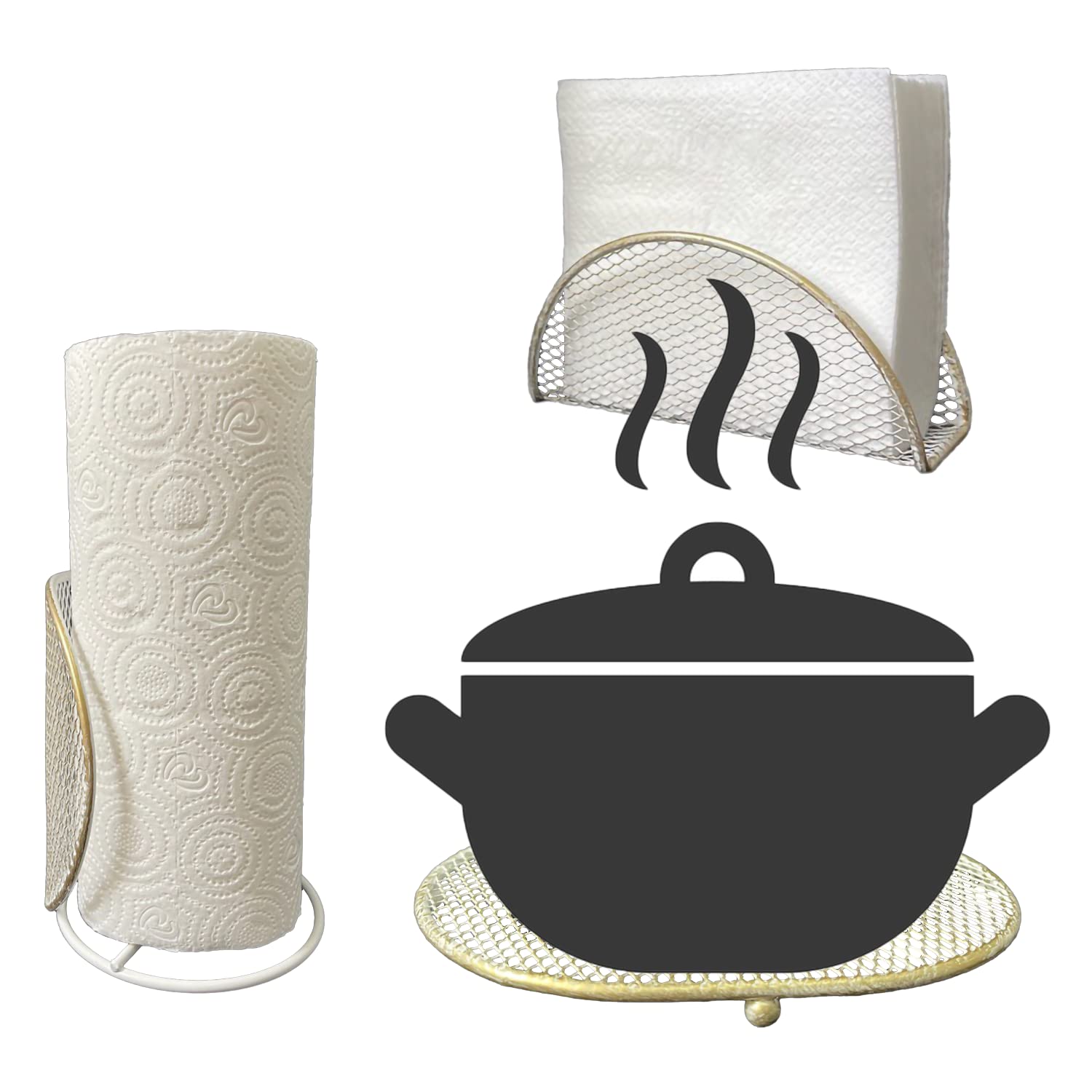 Countertop Paper Towel Holder Set with Table Napkin Holder and Trivet Mat for Hot Pots and Pans, Decorative Cast Iron Towel Stand for Kitchen Counter, Home Decoration Kitchen Accessories