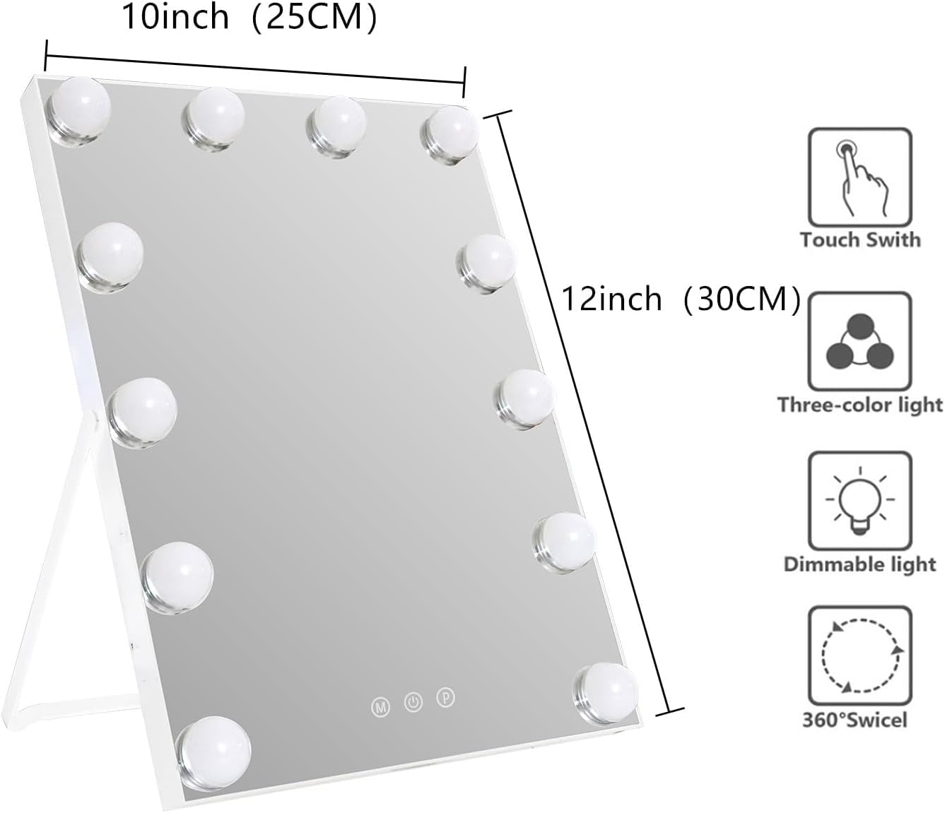 Despful 10"x 12" Vanity Mirror with Lights, Hollywood Lighted Makeup Mirror with 3 Color Modes and 12 Dimmable Diamond LED Light Bulbs, Touch Control for Bedroom, White