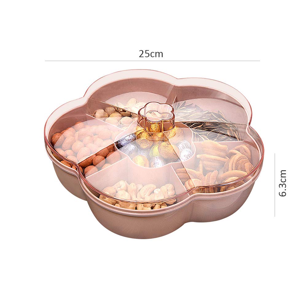 Flower Shaped Snack Serving Tray with Lid, Plastic Divided Serving Container with 6 Compartment, Food Storage Organizer for Candy, Nut, Dried Fruit, Perfect for Parties, Family