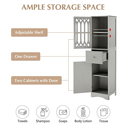 Merax Freestanding Linen Tower Bathroom Storage Cabinet with Adjustable Shelf, Drawer and 2 Doors, Tall Slim, 16.5" L x 14.2''W x 63.8''H, Grey