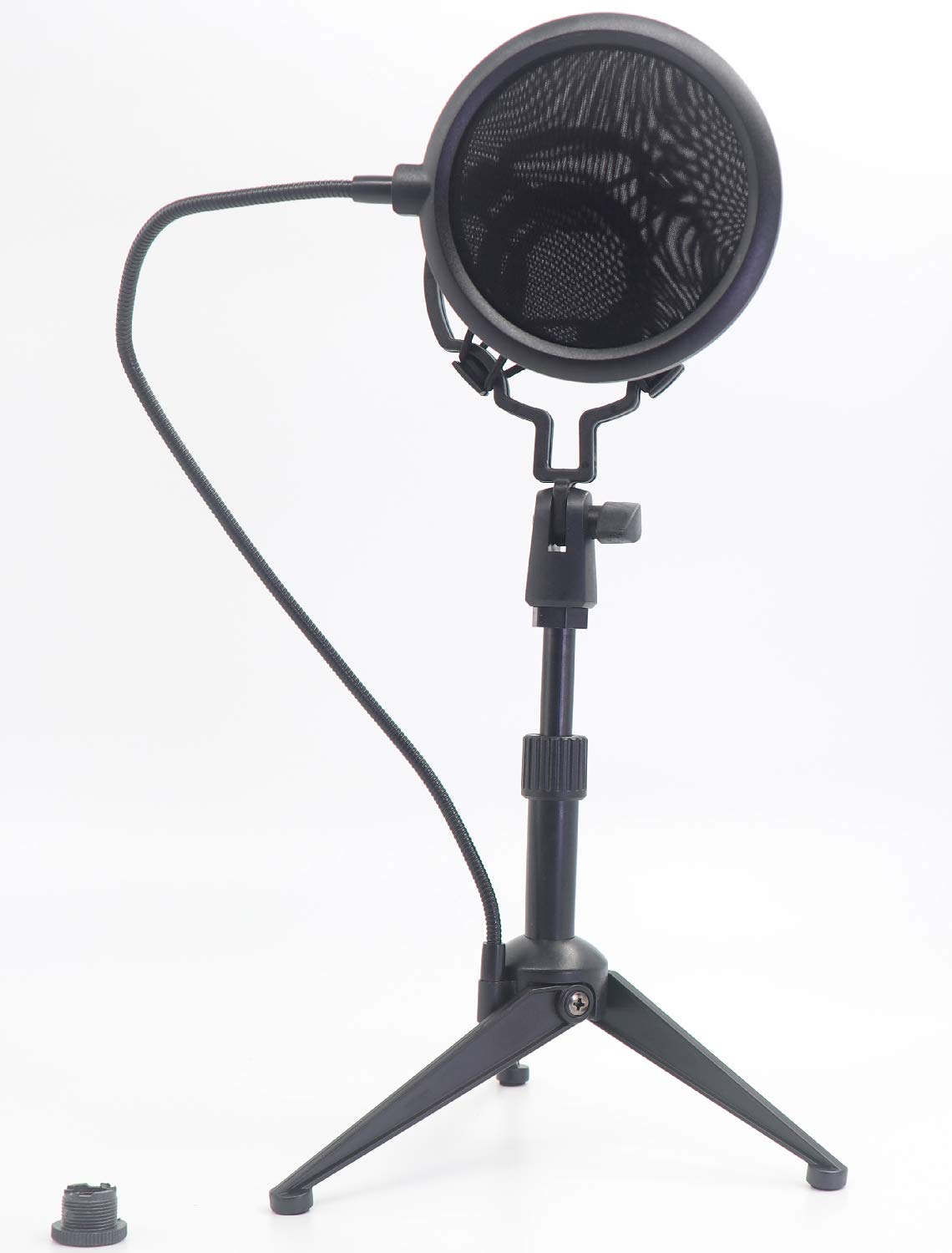 Desktop Microphone Tripod Suspension Stand with Shock Mount Anti-Vibration Mic Holder and 4" Round Mask Shield Double-Net Wind Screen Pop Filter (Large, Black)