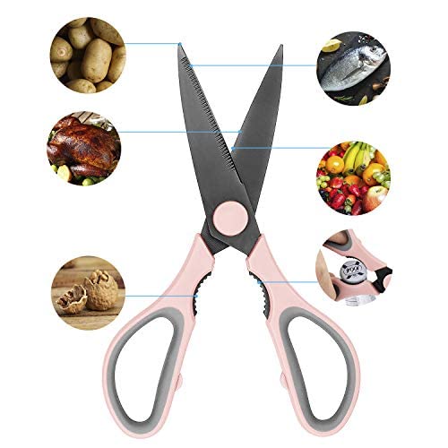 Country Kitchen Set of 2 Kitchen Scissors-Stainless Steel Kitchen Shears, Cooking Scissors for Cutting Meat, Chicken, Herbs and Produce with Blade Cover and Soft Grip Handles - Pink