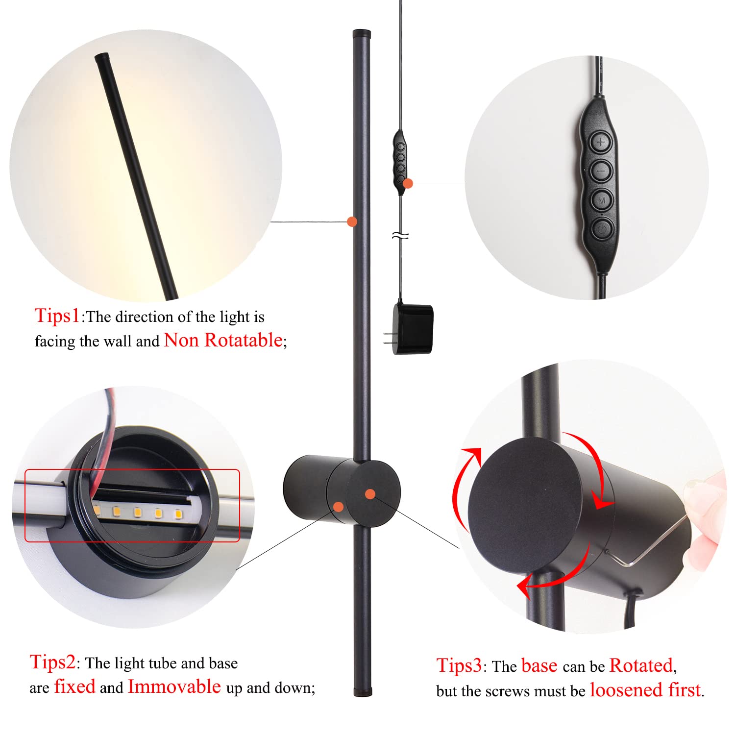 Ditoon Modern Plug in Wall Sconce Set of 2 LED Matte Black Wall Lamp with Plug in Cord On/Off Switch 21 5/8 inches lamp for Bedroom Nightstands(2-Pack)